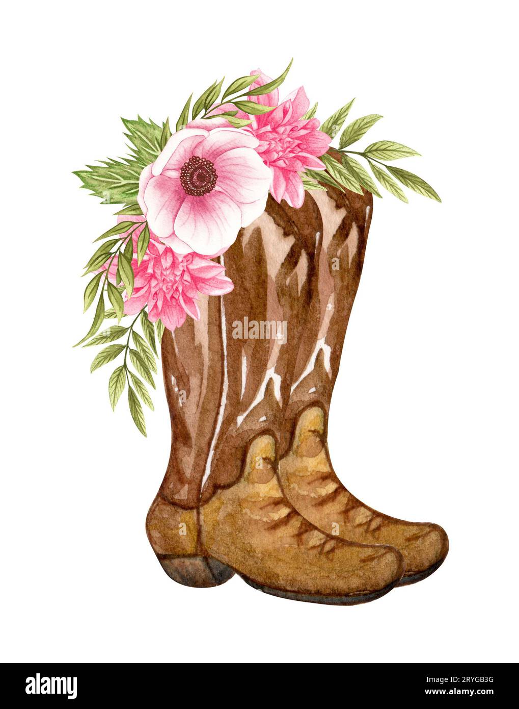 Watercolor Flowers in boots. Cowboy boots and flowers. Farmhouse rustic ...