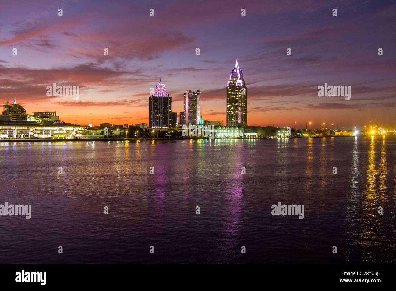 Drone shot of the downtown Mobile, Alabama riverside skyline at sunset ...