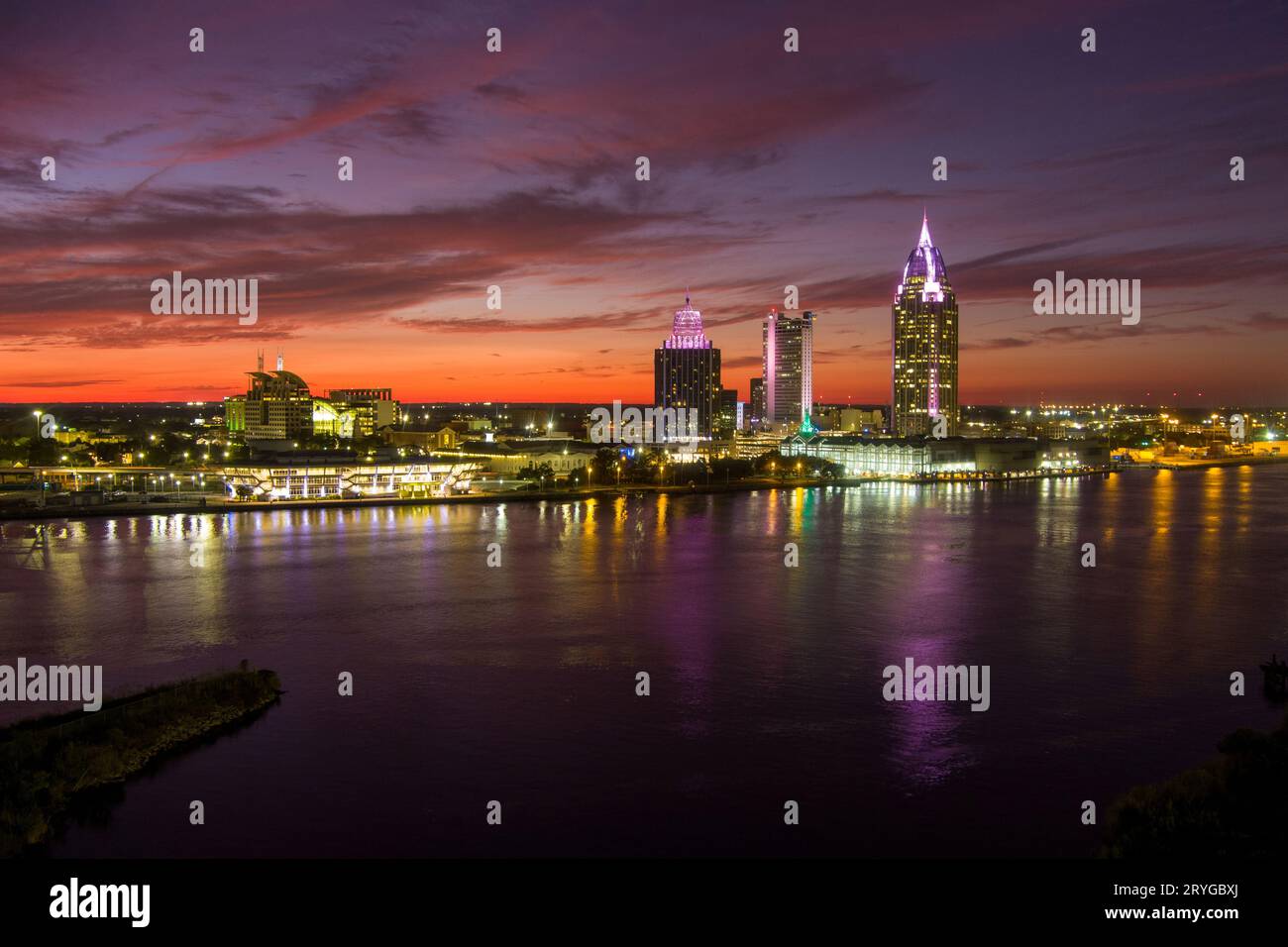 Drone shot of the downtown Mobile, Alabama riverside skyline at sunset ...