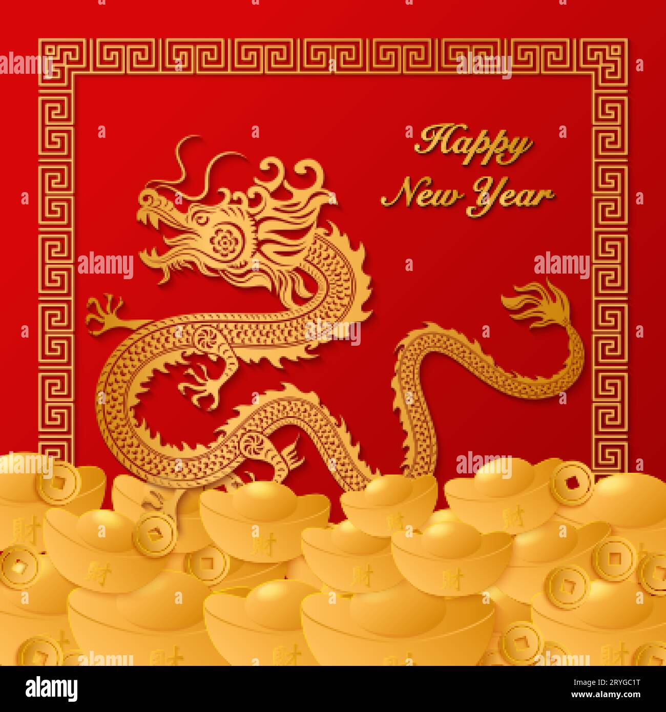 Happy Chinese New Year golden dragon paper cut art and ingot squre ...