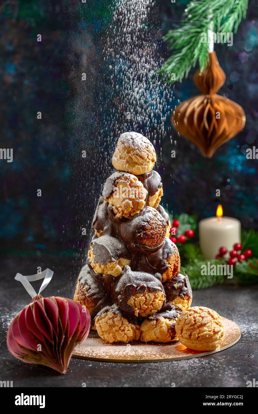 Profiterole cake with custard Stock Photo - Alamy