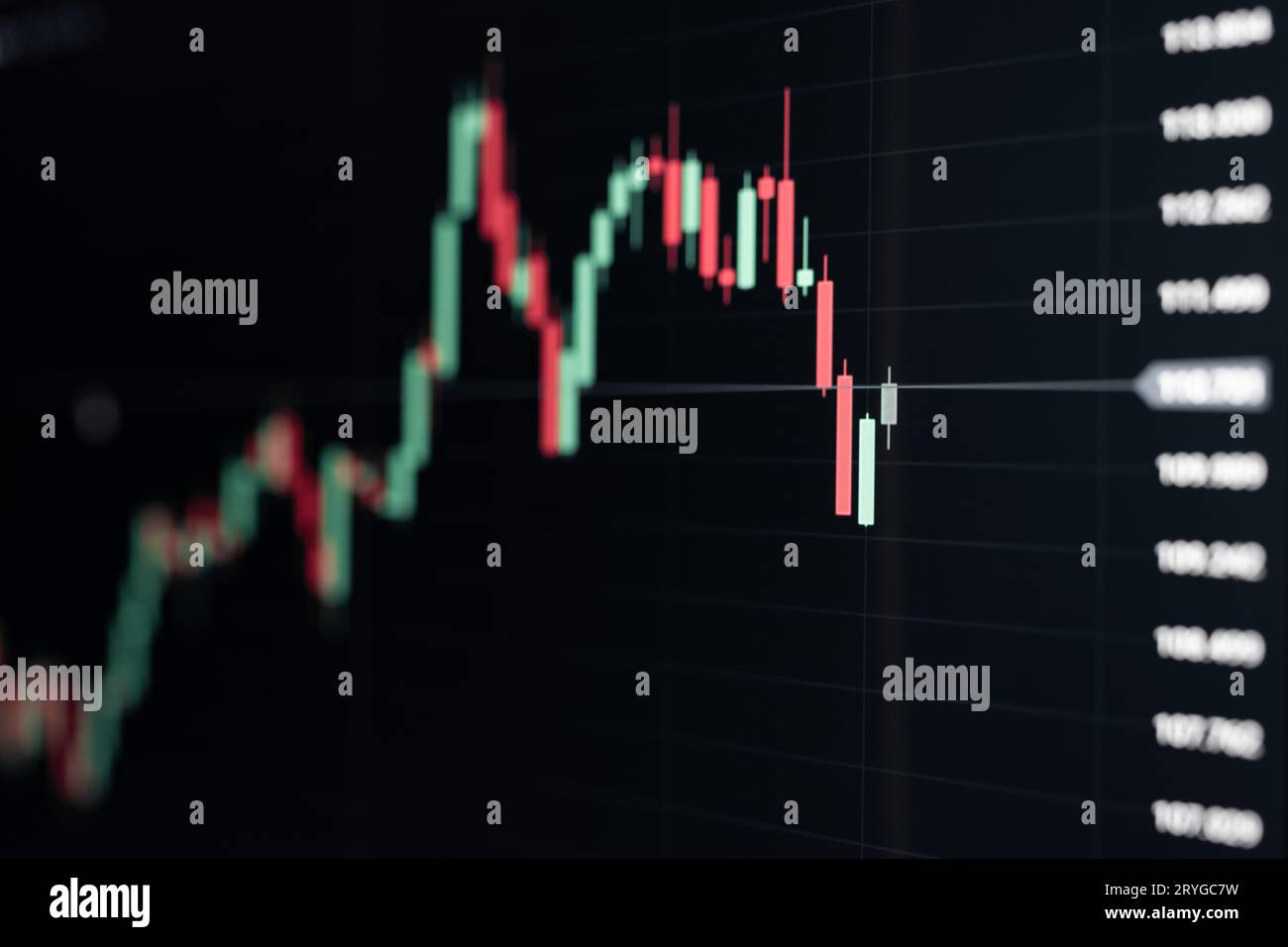 Stock market graph chart on digital LED display. Red and green Candle stick graph on black ...