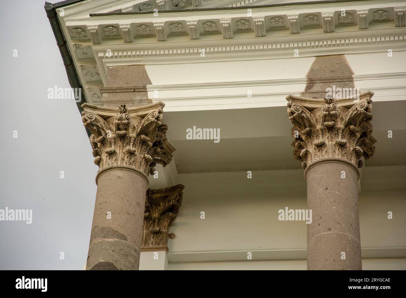 Classicist-style manor house and castle in Topolcianky park. Slovakia ...