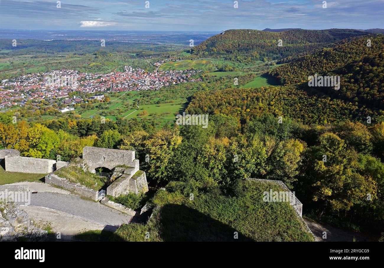 View from Hohenneuffen Castle to Beuren near Neuffen in the Swabian Alb ...