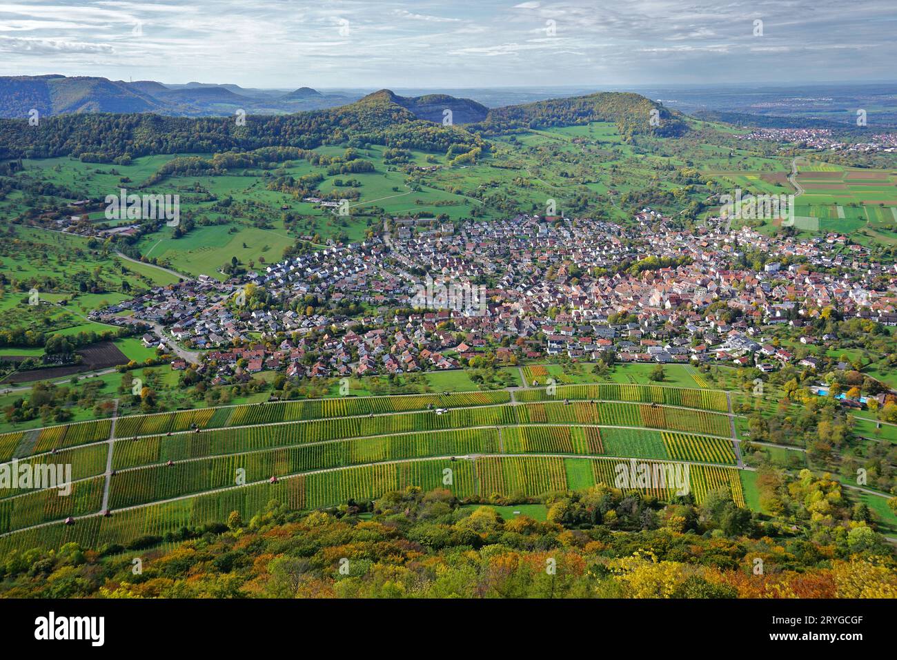 Neuffen below Hohenneuffen Castle; Biosphere area Swabian Alb and ...