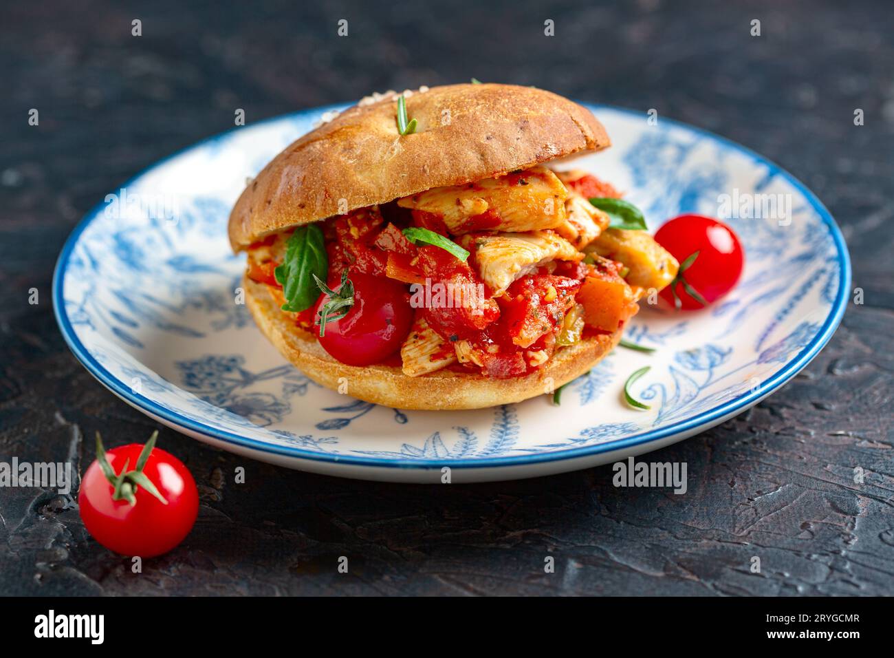 Italian focaccia bun with chicken and vegetables Stock Photo - Alamy