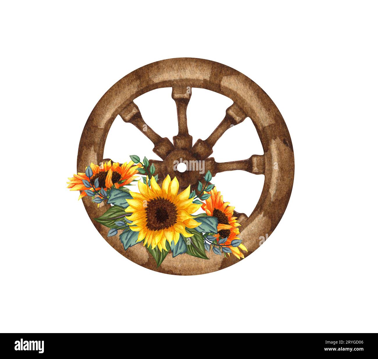 Watercolor sunflower bouquet. Wooden wheel and sunflowers. Farmhouse ...