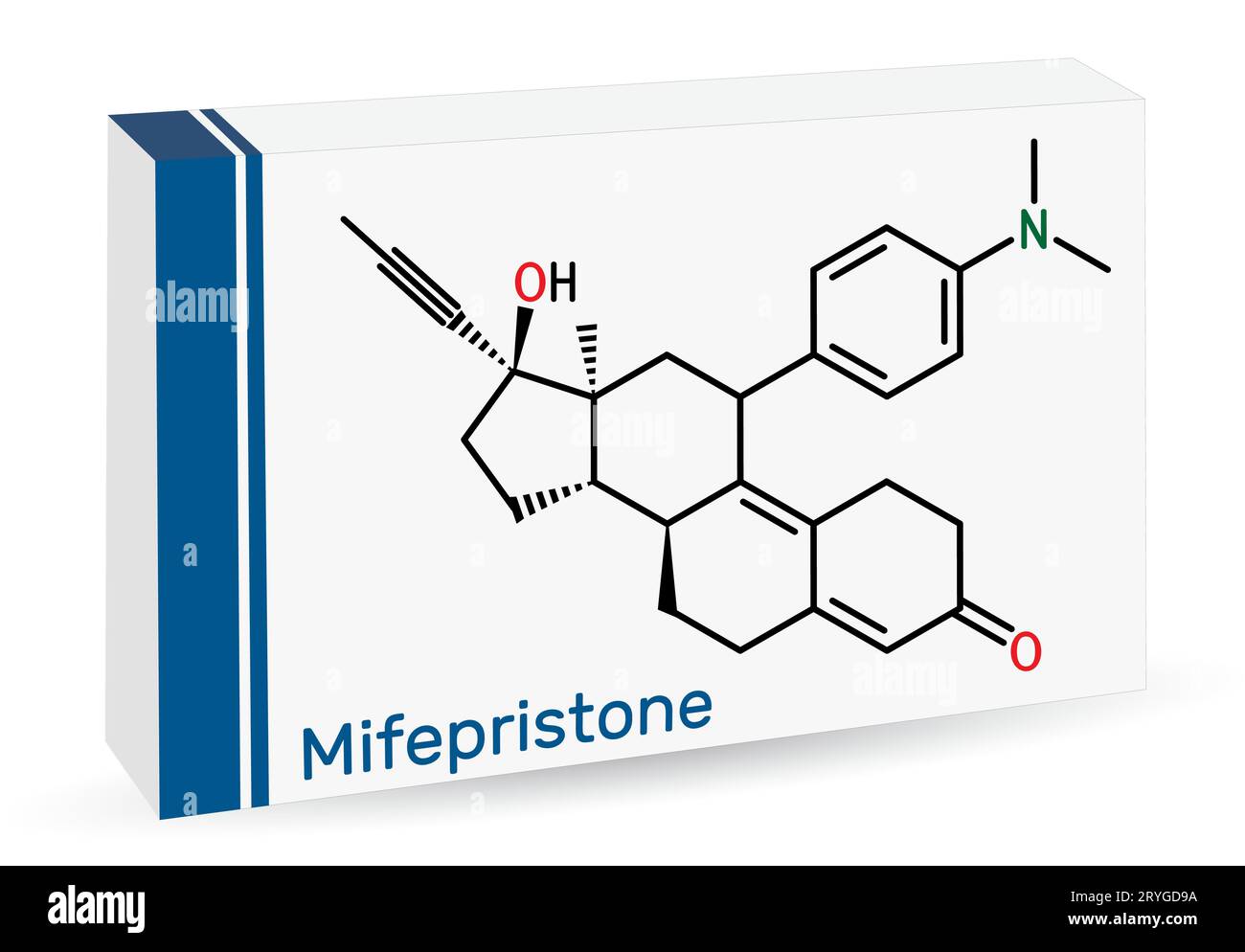 Mifepristone, molecule. Skeletal chemical formula. Paper packaging for ...