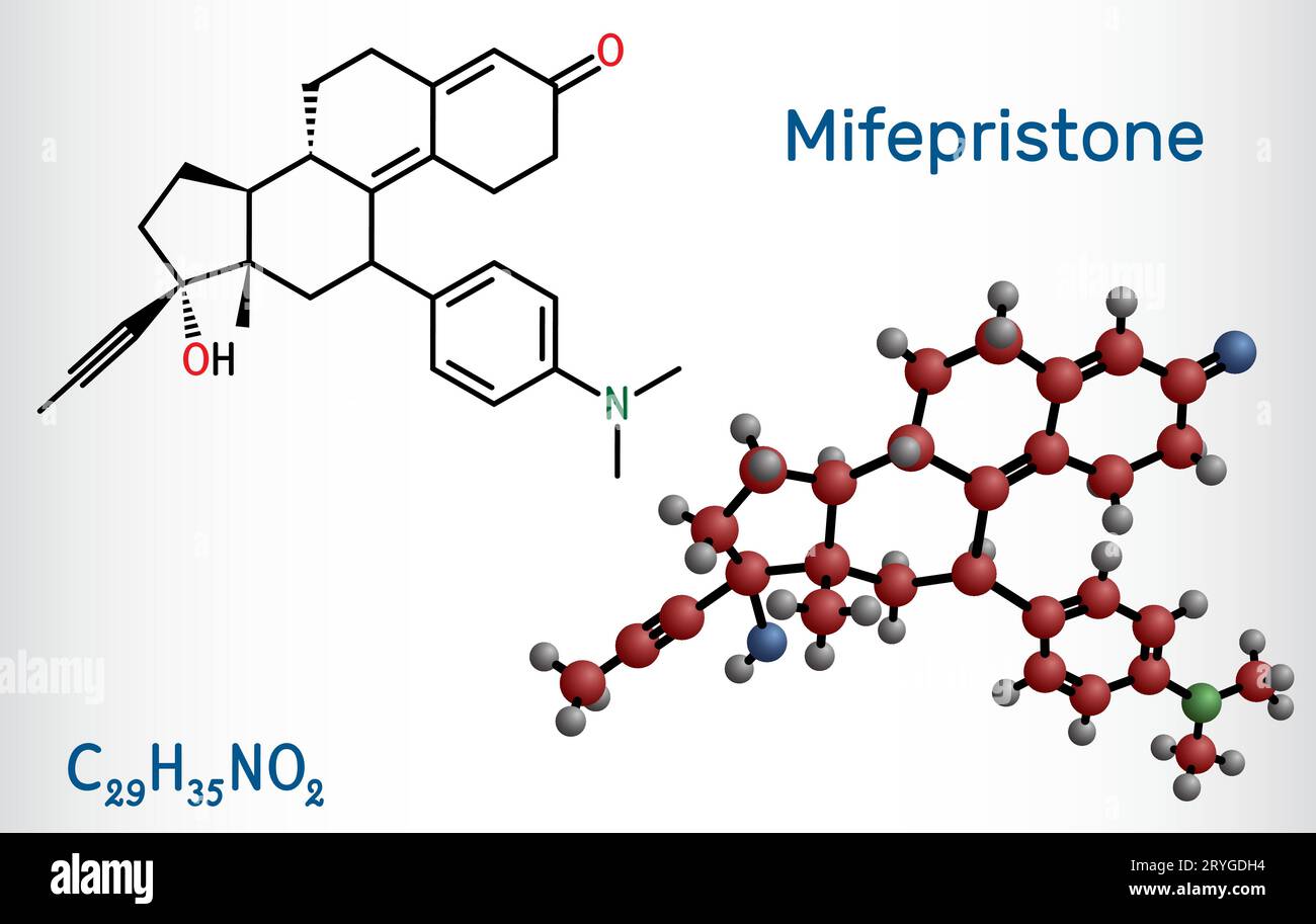 Mifepristone, molecule. Structural chemical formula and molecule model ...