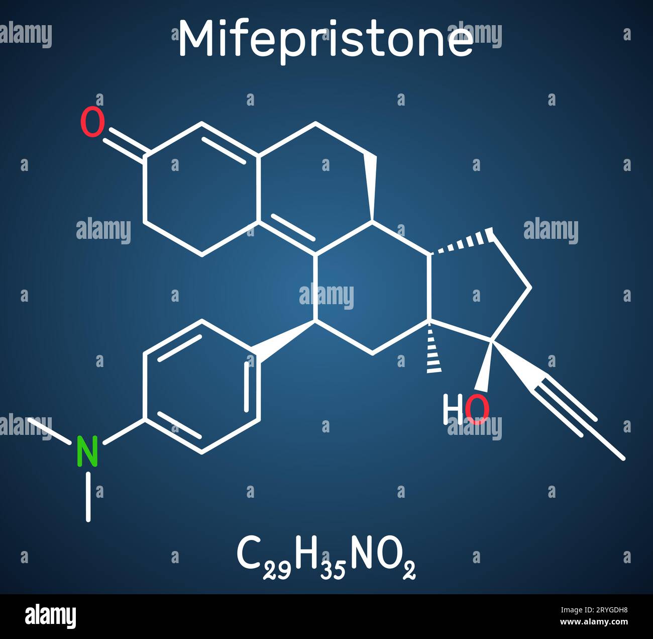 Mifepristone, molecule. Structural chemical formula on the dark blue ...