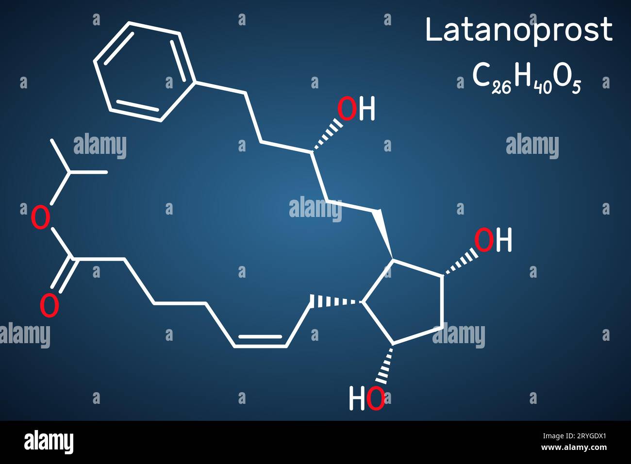 Latanoprost molecule. Structural chemical formula on the dark blue ...