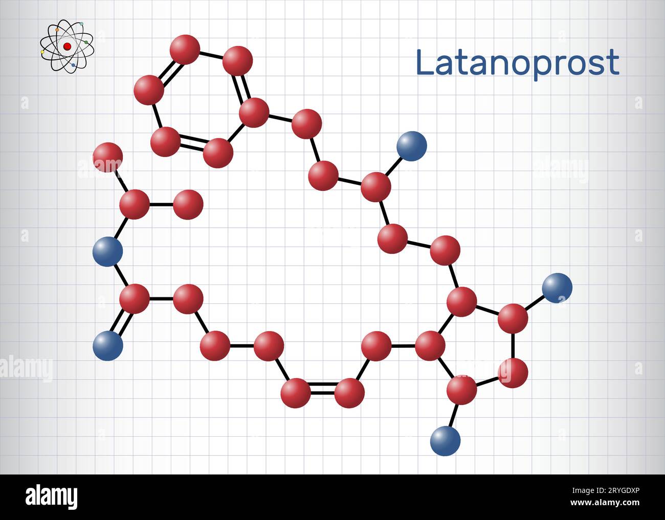 Latanoprost molecule. Structural chemical formula, molecule model ...