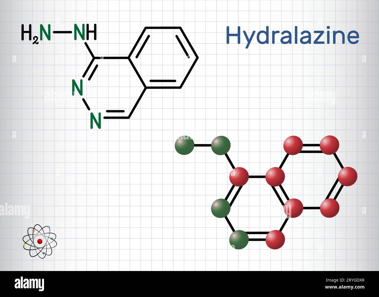 Hydralazine molecule. Structural chemical formula and molecule model ...