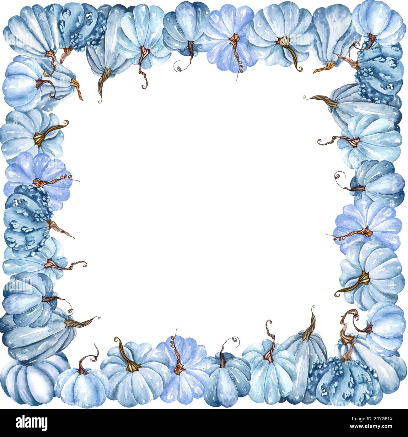 Watercolor frame with autumn pumpkins. Floral arrangement with blue ...
