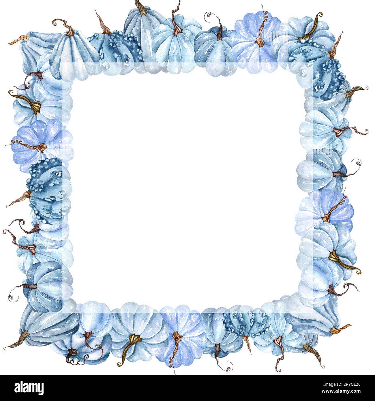 Watercolor frame with autumn pumpkins. Floral arrangement with blue ...