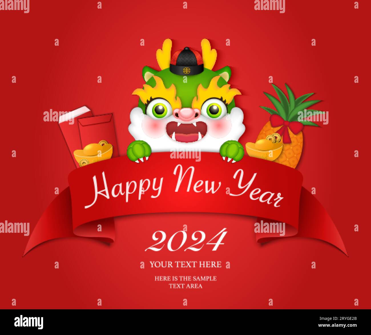 Chinese new year of cute cartoon dragon ribbon template and pineapple ...