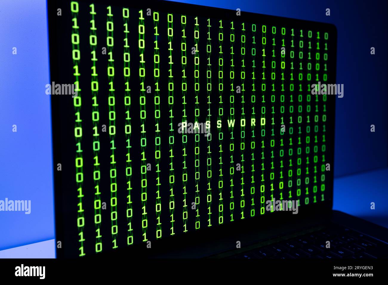 Binary Code And Password Word Background On Laptop Computer Screen