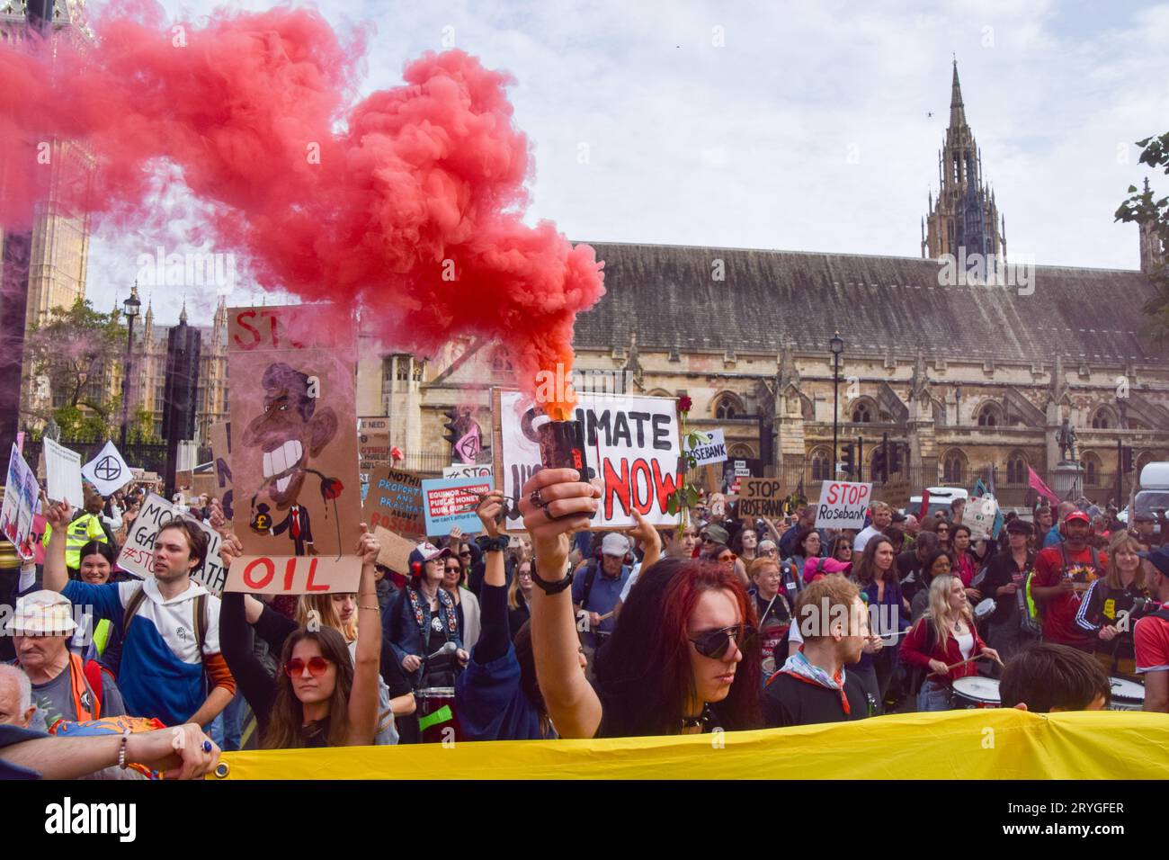 London, England, UK. 30th Sep, 2023. Protesters pass through Parliament ...