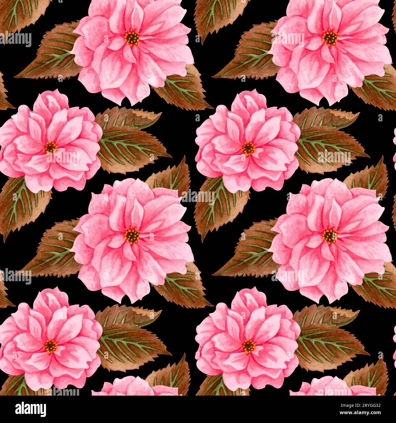 Watercolor cherry blossom, pink flowers and brown leaves. Floral ...