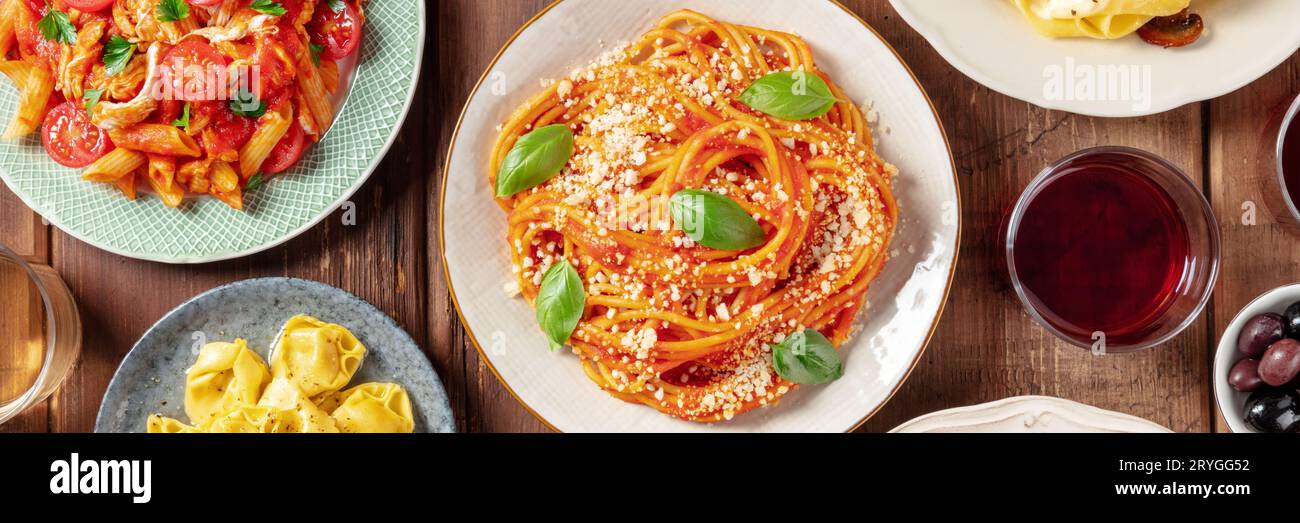 Pasta panorama. Assortment of Italian pastas, with spaghetti Bolognese ...
