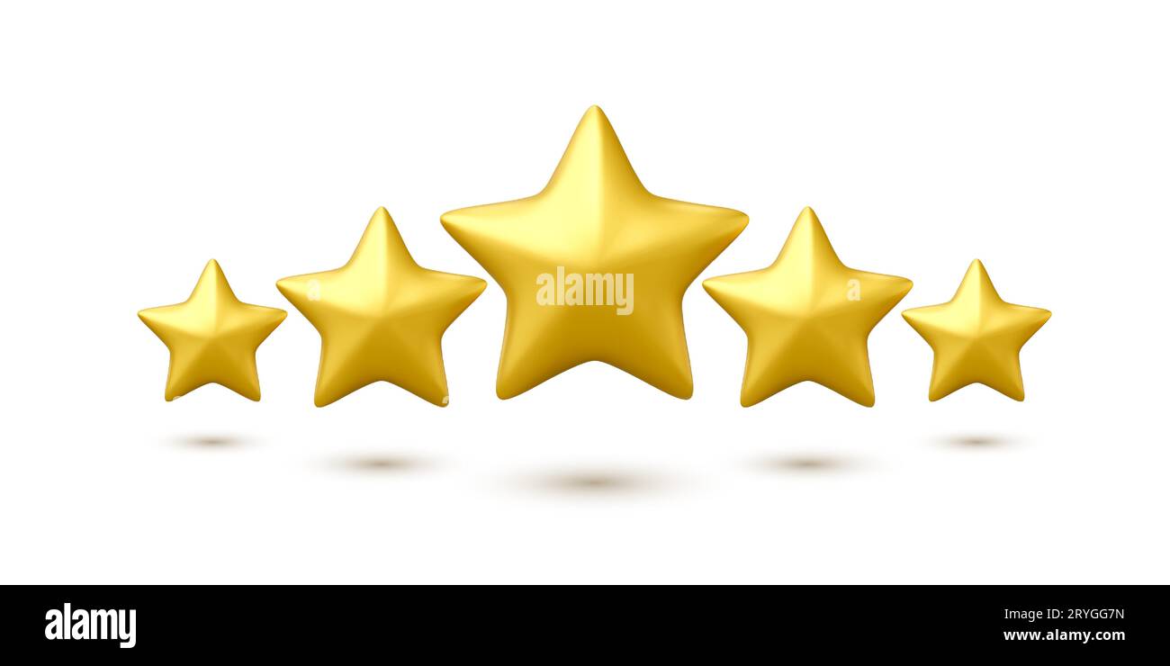 Gold Stars 3D icon. Render five yellow stars isolated on white ...
