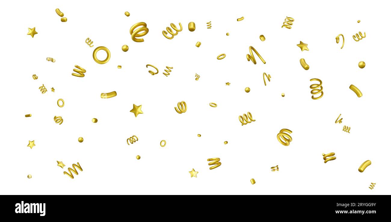 Golden confetti stars, spirals, ribbons. 3D confetti template isolated on white background ...
