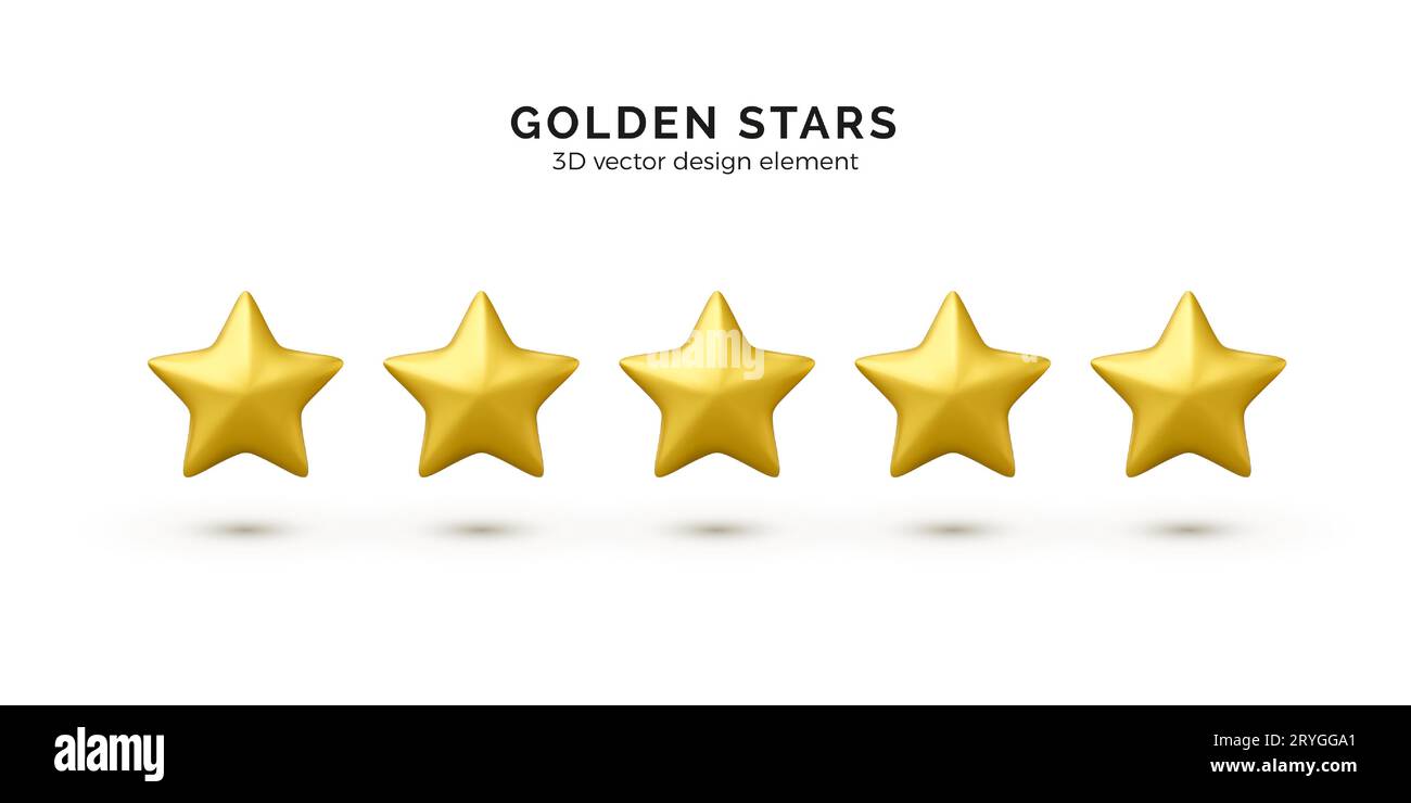 Five gold stars. 3D stars rating yellow colors. Customer rating ...