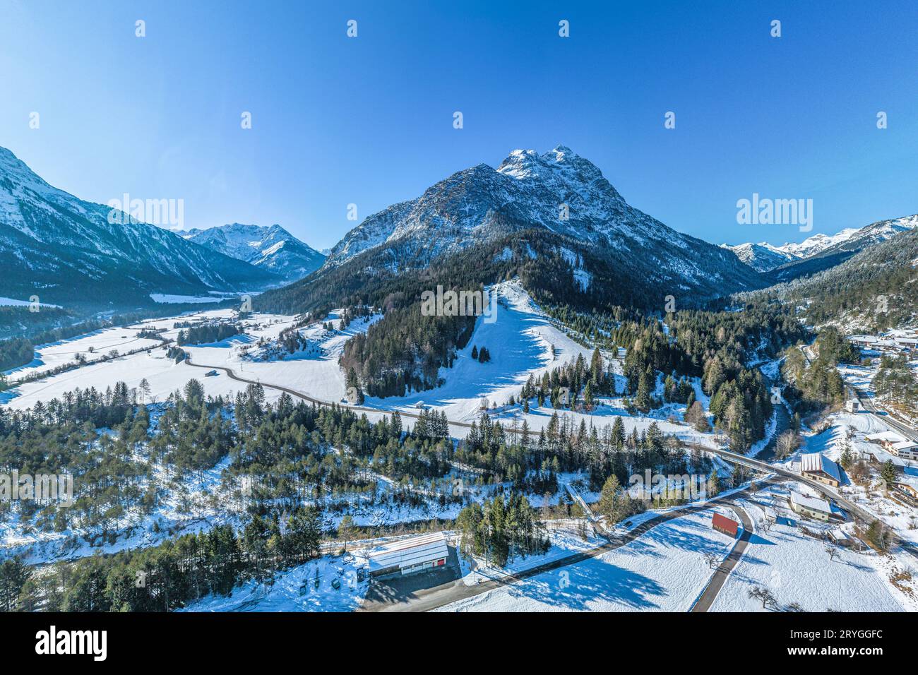 Aerial view to Vorderhornbach in wintertime, a small village in the ...