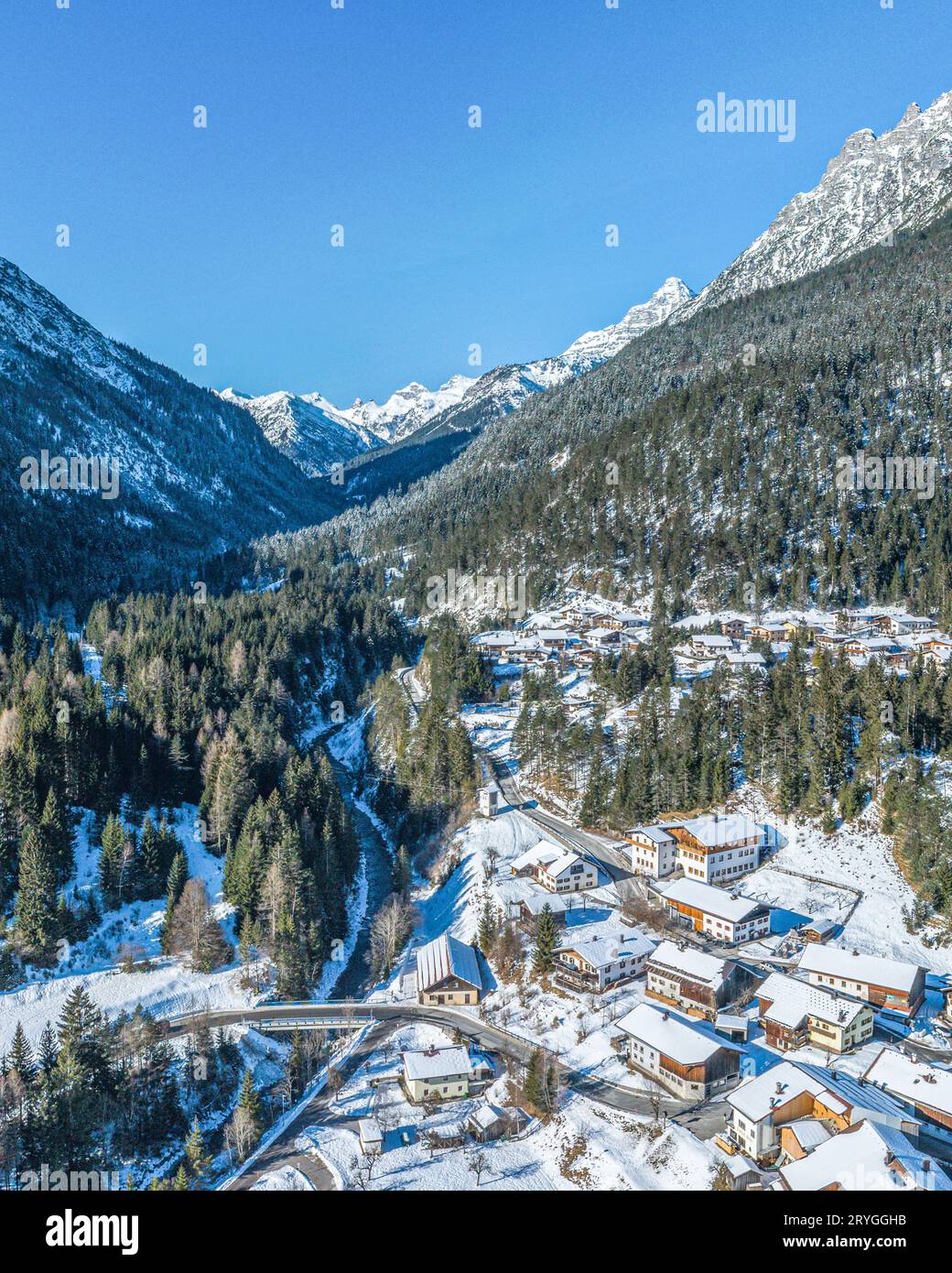 Aerial view to Vorderhornbach in wintertime, a small village in the ...