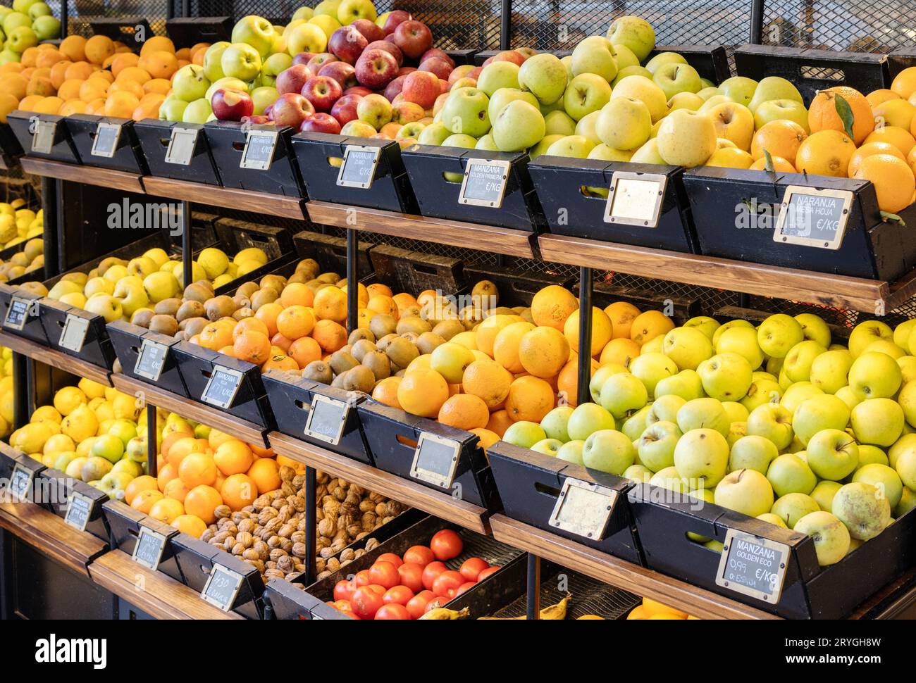 Variety of Organic fruits displayed outside a fruit and vegetable shop ...