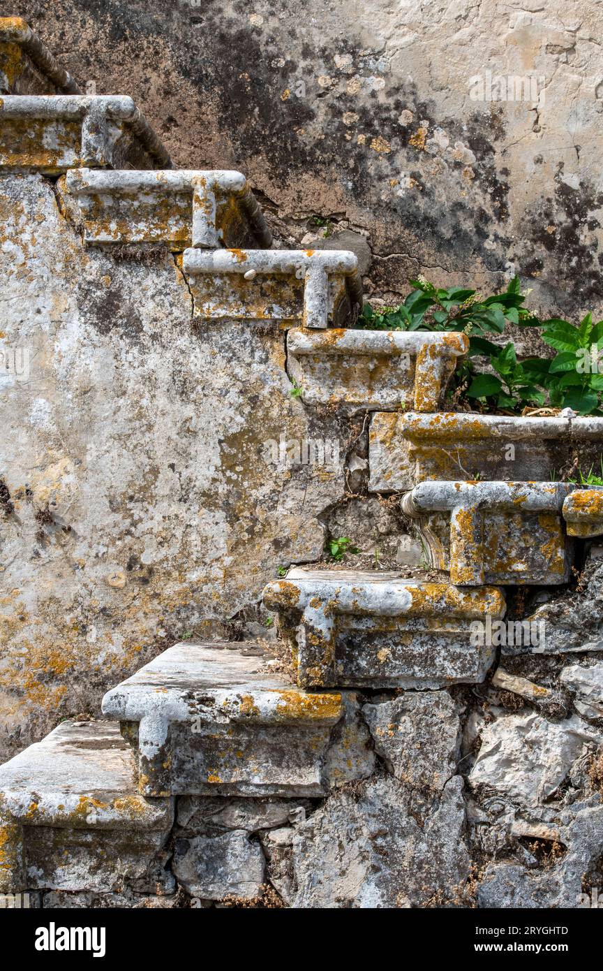old stone steps on an historic greek building weathered with weeds ...