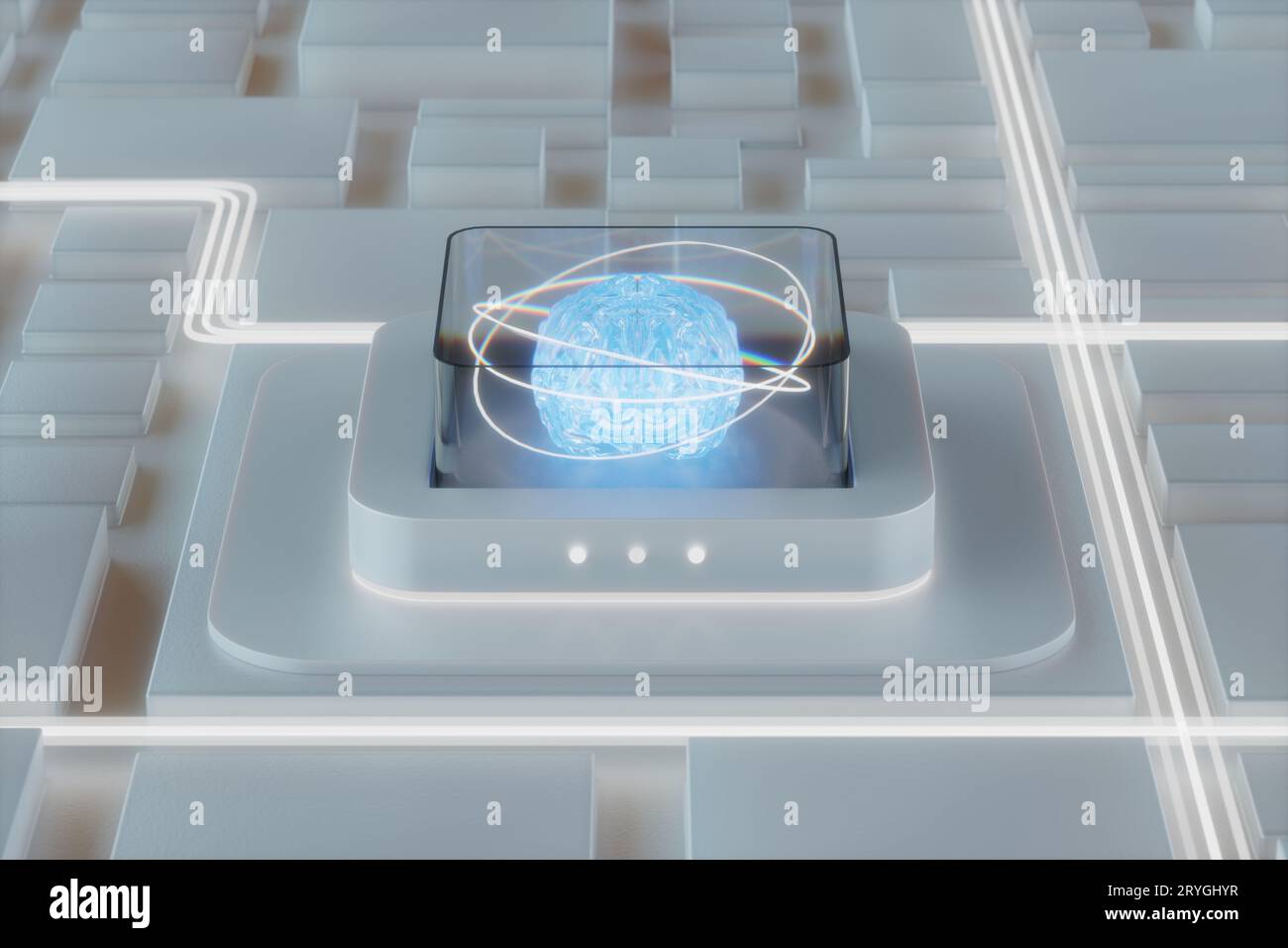 Digital Brain Sitting On A Computer Chip With Internet Connection And Neural Network Training