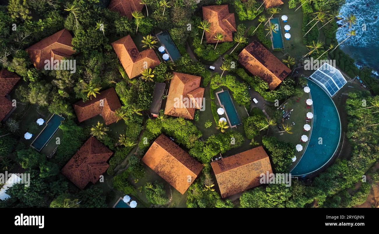 Aerial view of a premium hotel complex with swimming pools in Sri Lanka ...