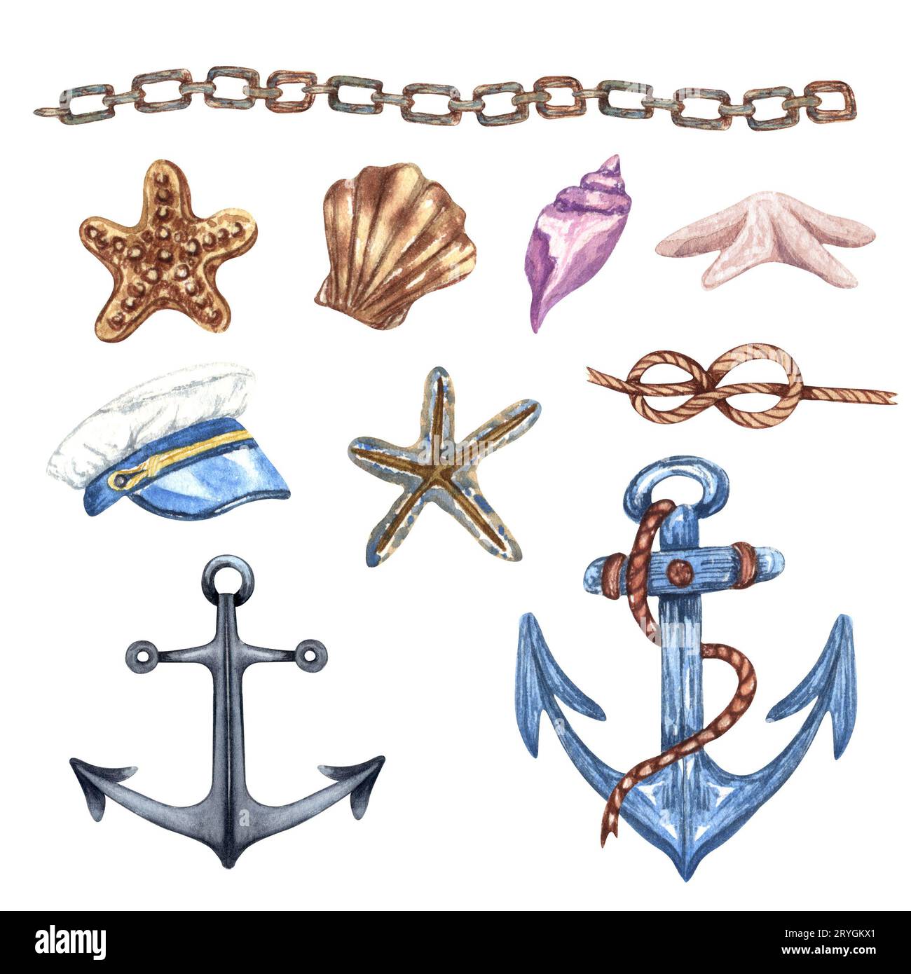 Beautiful Watercolor nautical set. Include lighthouse, anchor, corals, seaweed, whale, shells ...