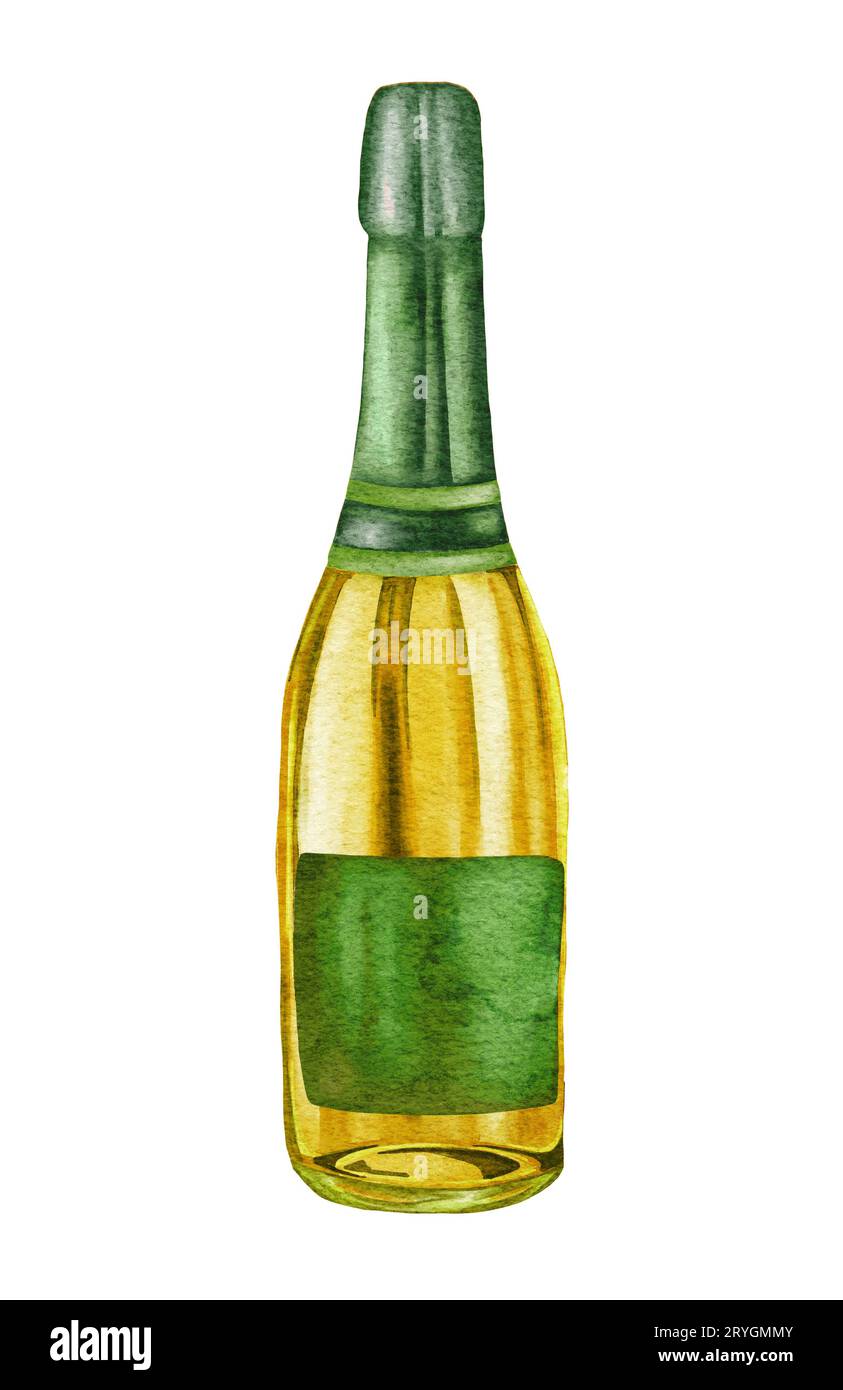 Watercolor champagne bottle. White sparkling wine, alcoholic beverage ...