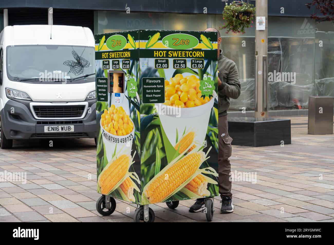 Sweetcorn seller in the town centre of Middlesbrough, UK Stock Photo ...