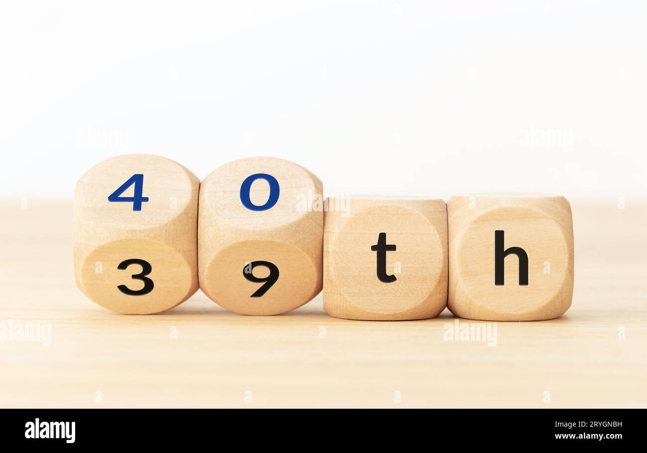 Turning 40 years old concept. Text on wooden blocks and changing dices ...