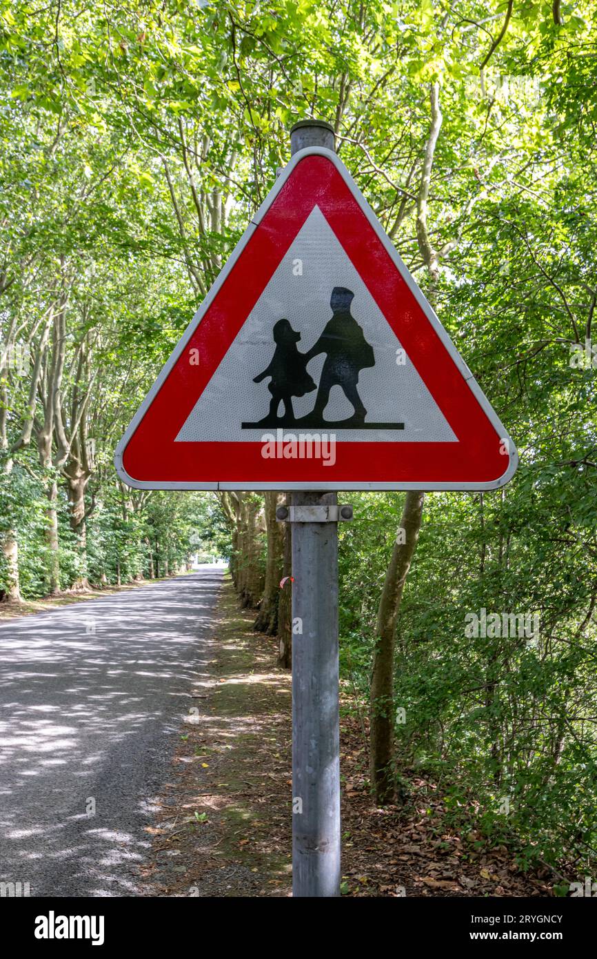 School warning sign on side of a rural road between huge green leafy ...