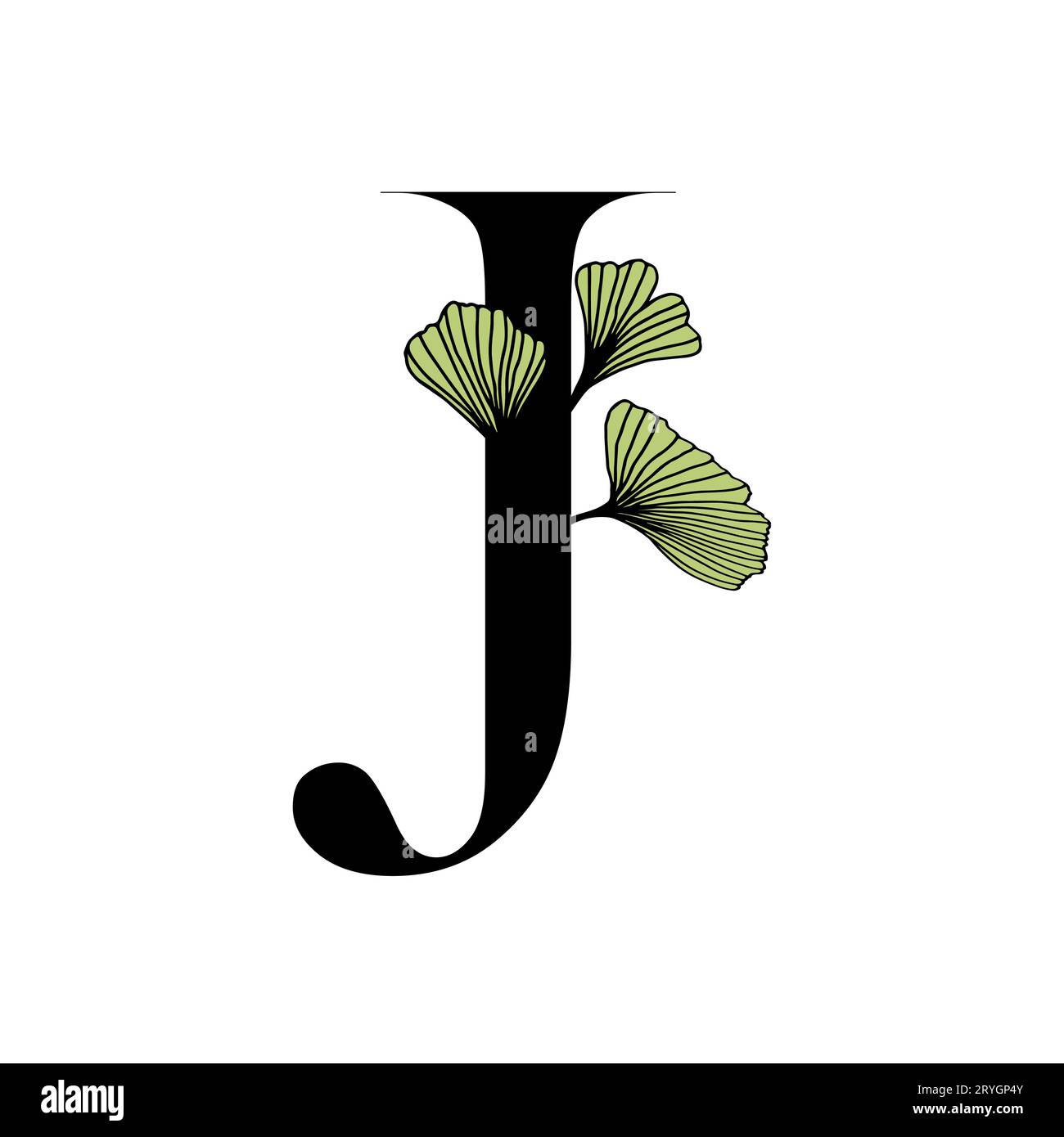Ginkgo biloba leaves alphabet J. Badge and icon in trendy linear hand ...