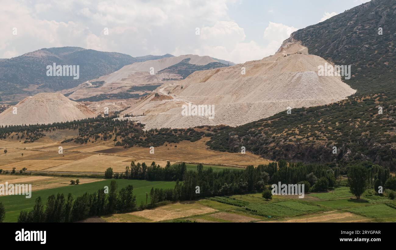 Mountains destroyed by marble quarries. Burdur Yarışlı Lake in Turkey ...