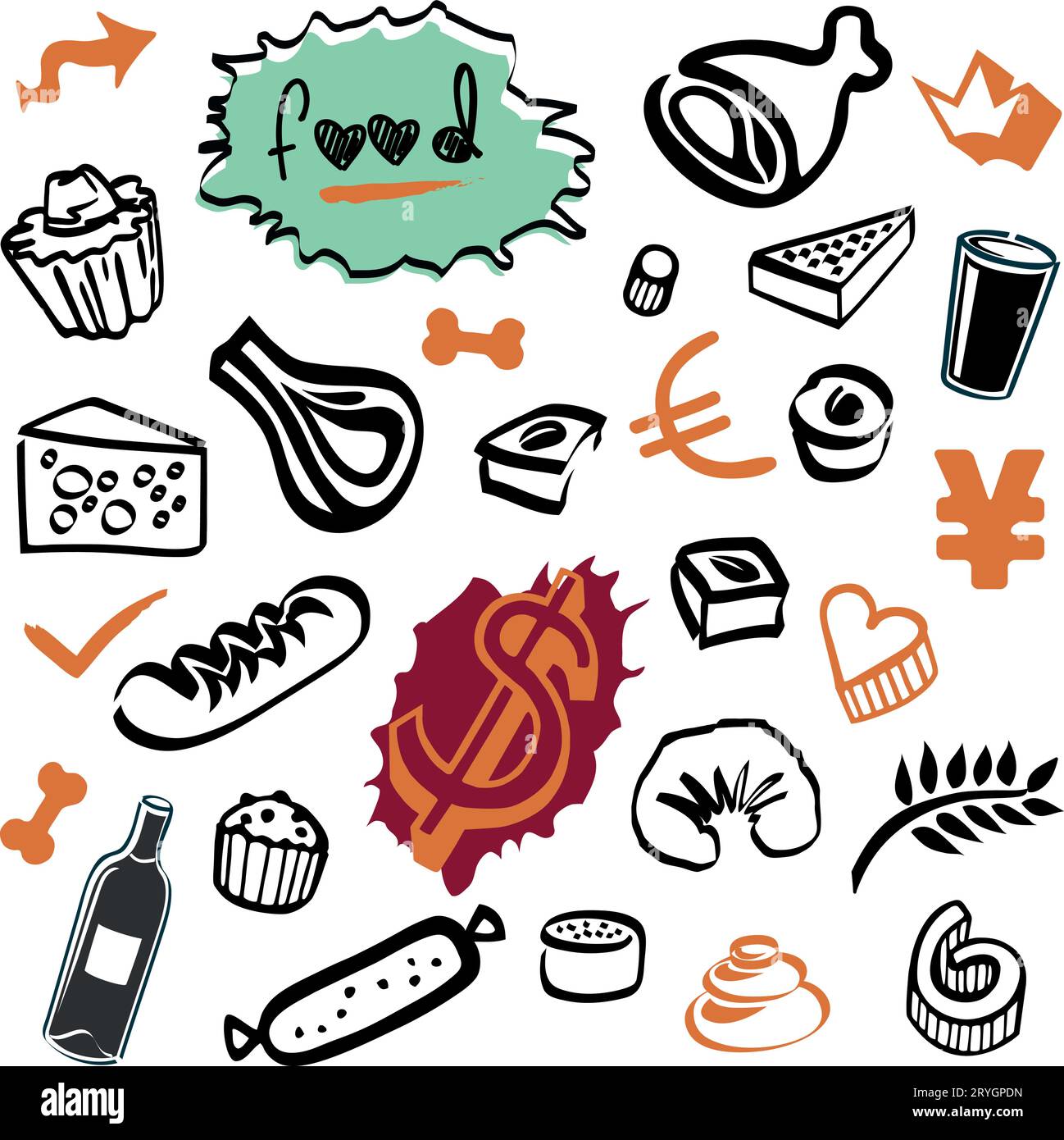 Set of Doodles - Food Elements and Objects Bottle, Wine and Pastries ...
