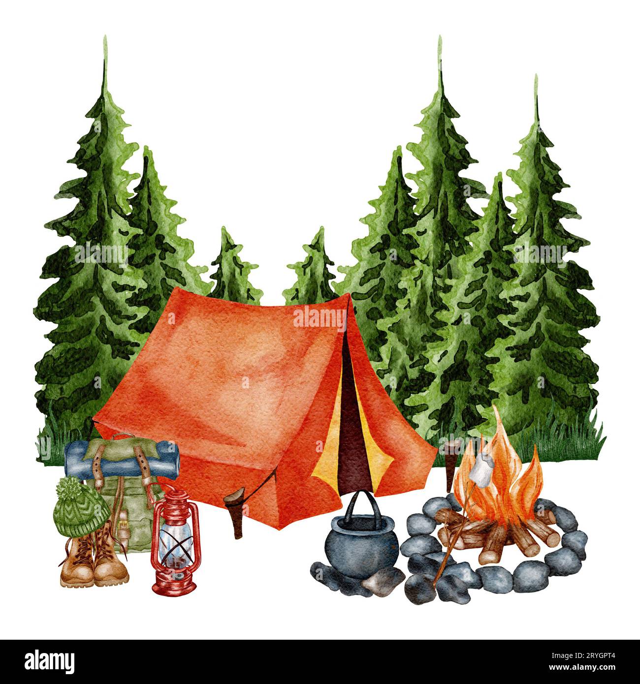 Camping clipart. Hand drawn wild camping illustration. Forest, hiking ...