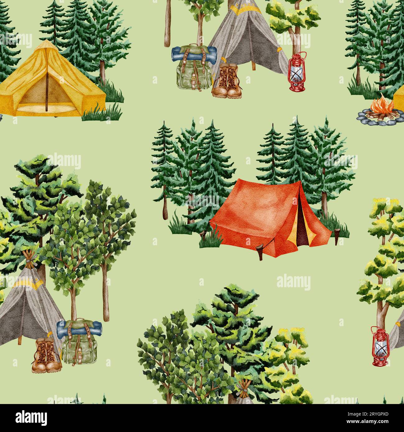 Forest seamless pattern. Wild nature. Camping watercolor seamless ...