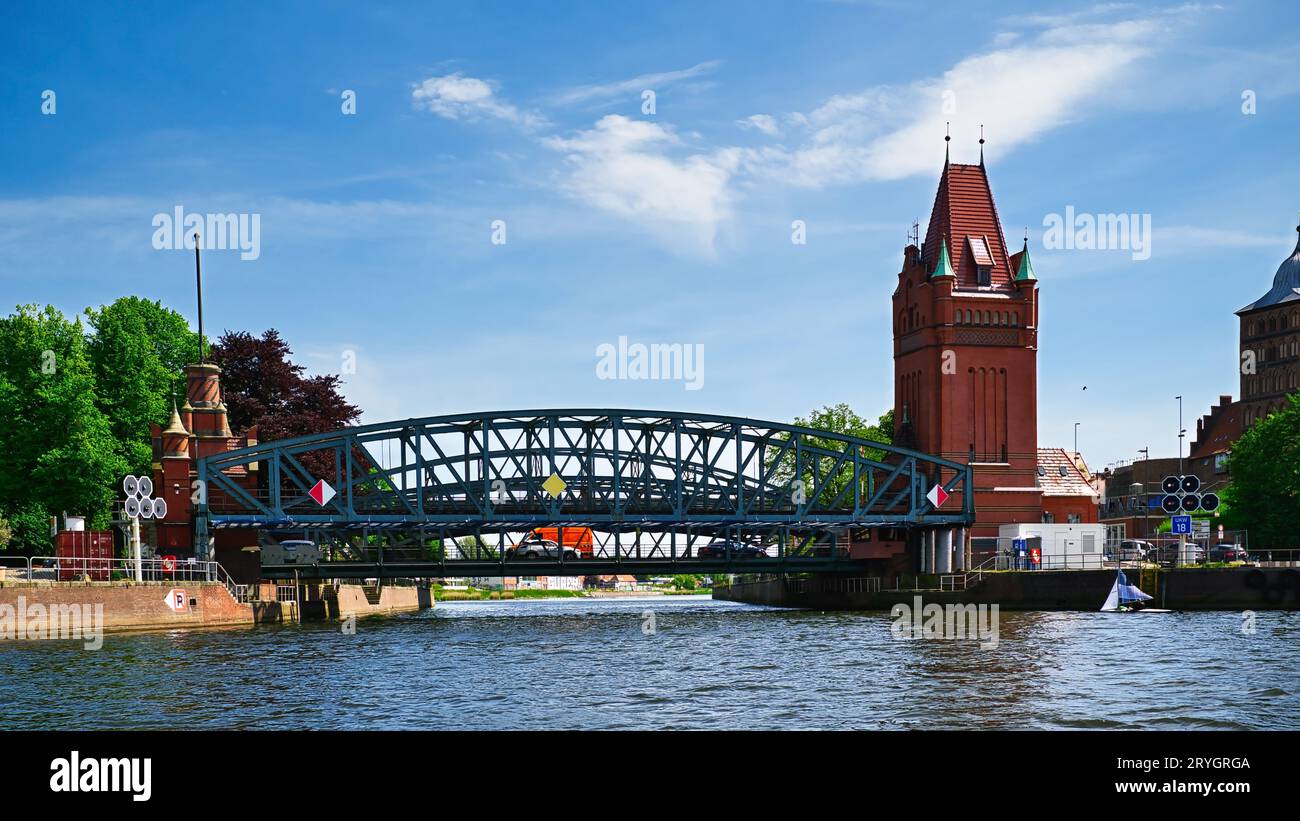 A view of the lift bridge in the old town of the Hanseatic city of ...
