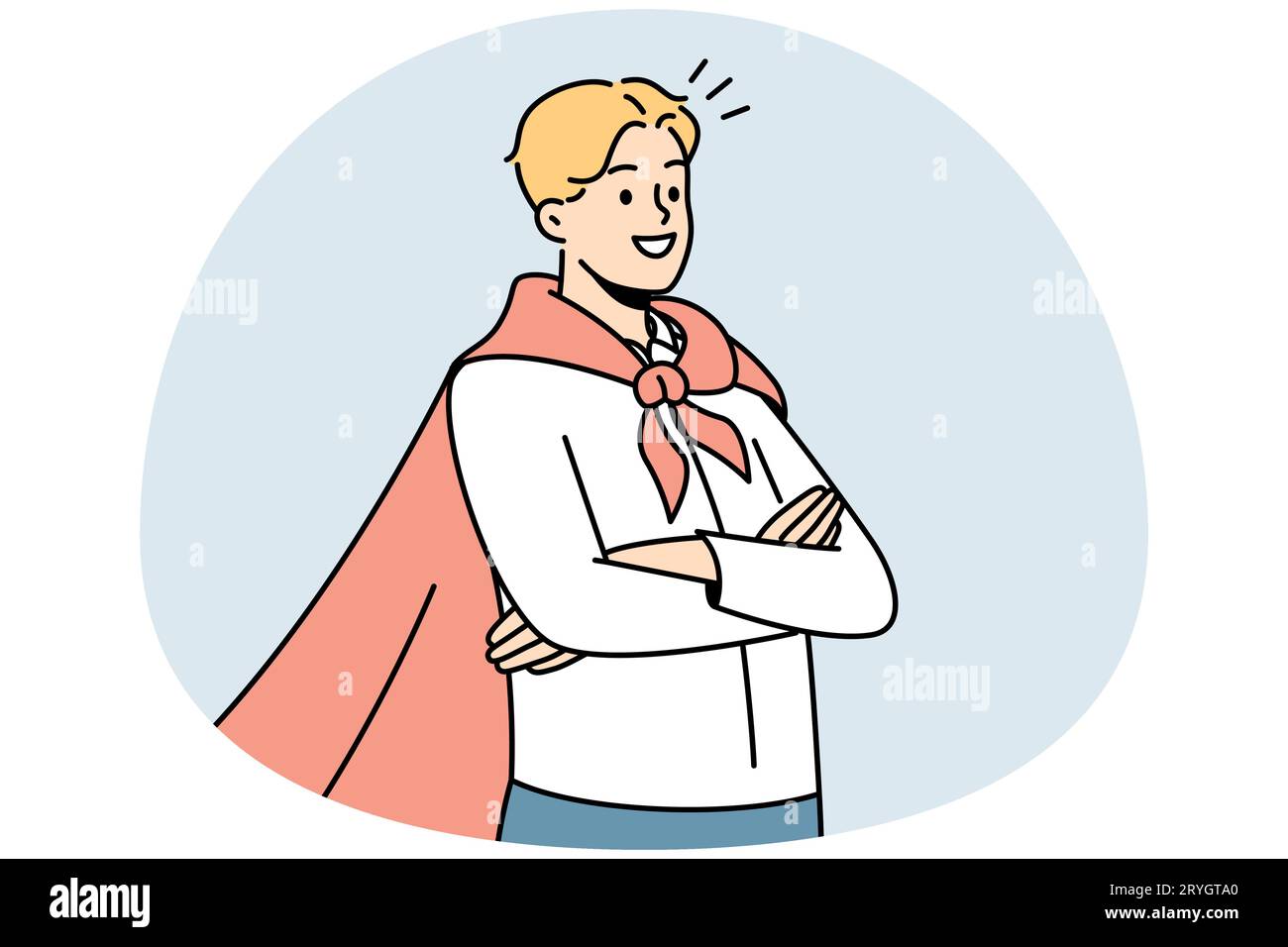 Smiling motivated man wearing superman coat satisfied with achievement ...