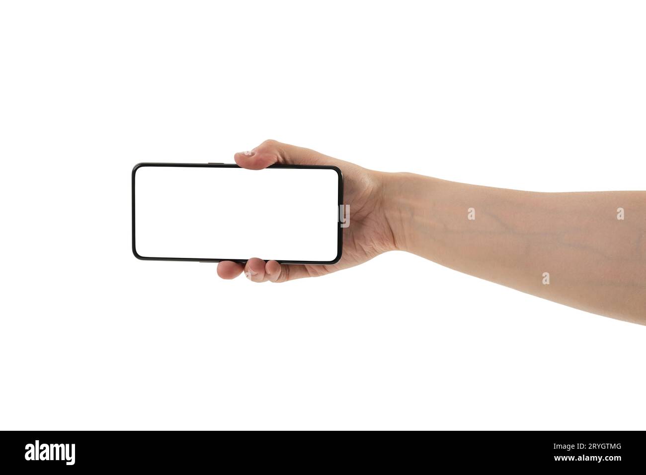 Young adult man hand hold generic smartphone with white screen isolated ...