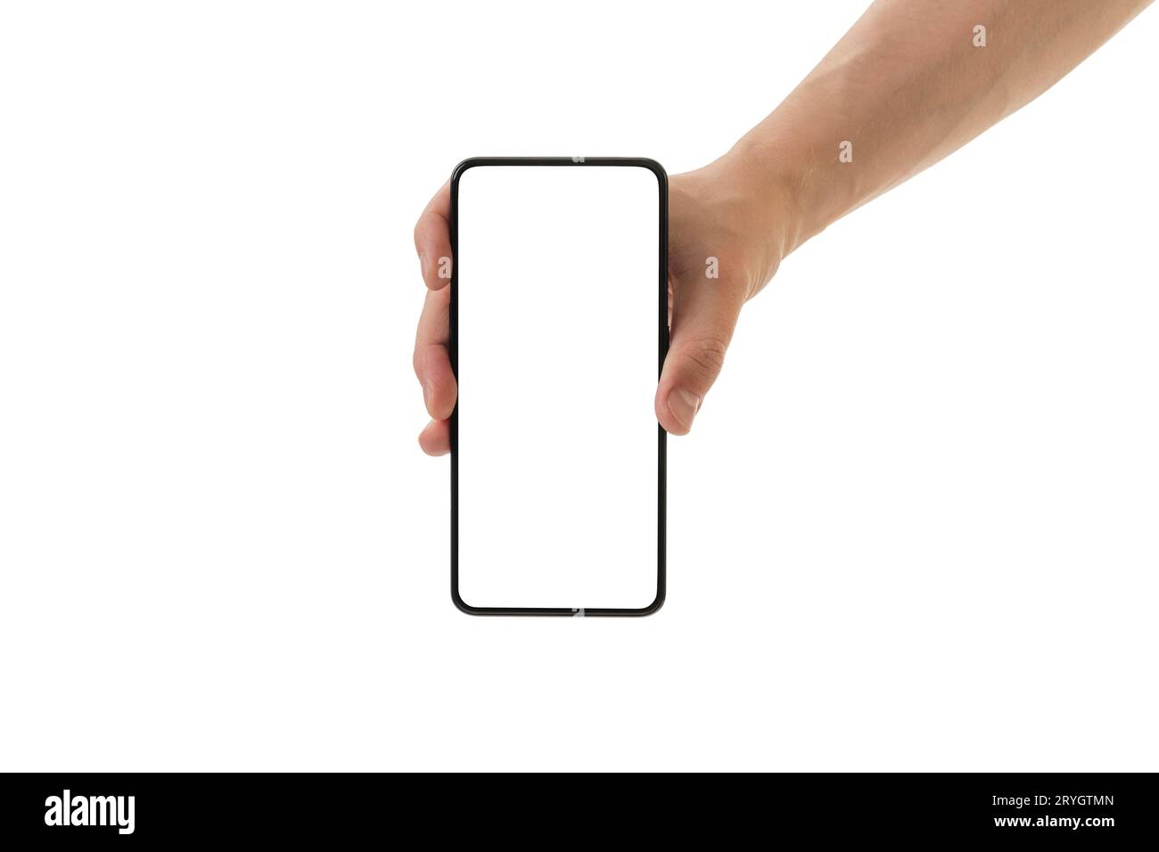 Young adult man hand hold generic smartphone with white screen isolated ...