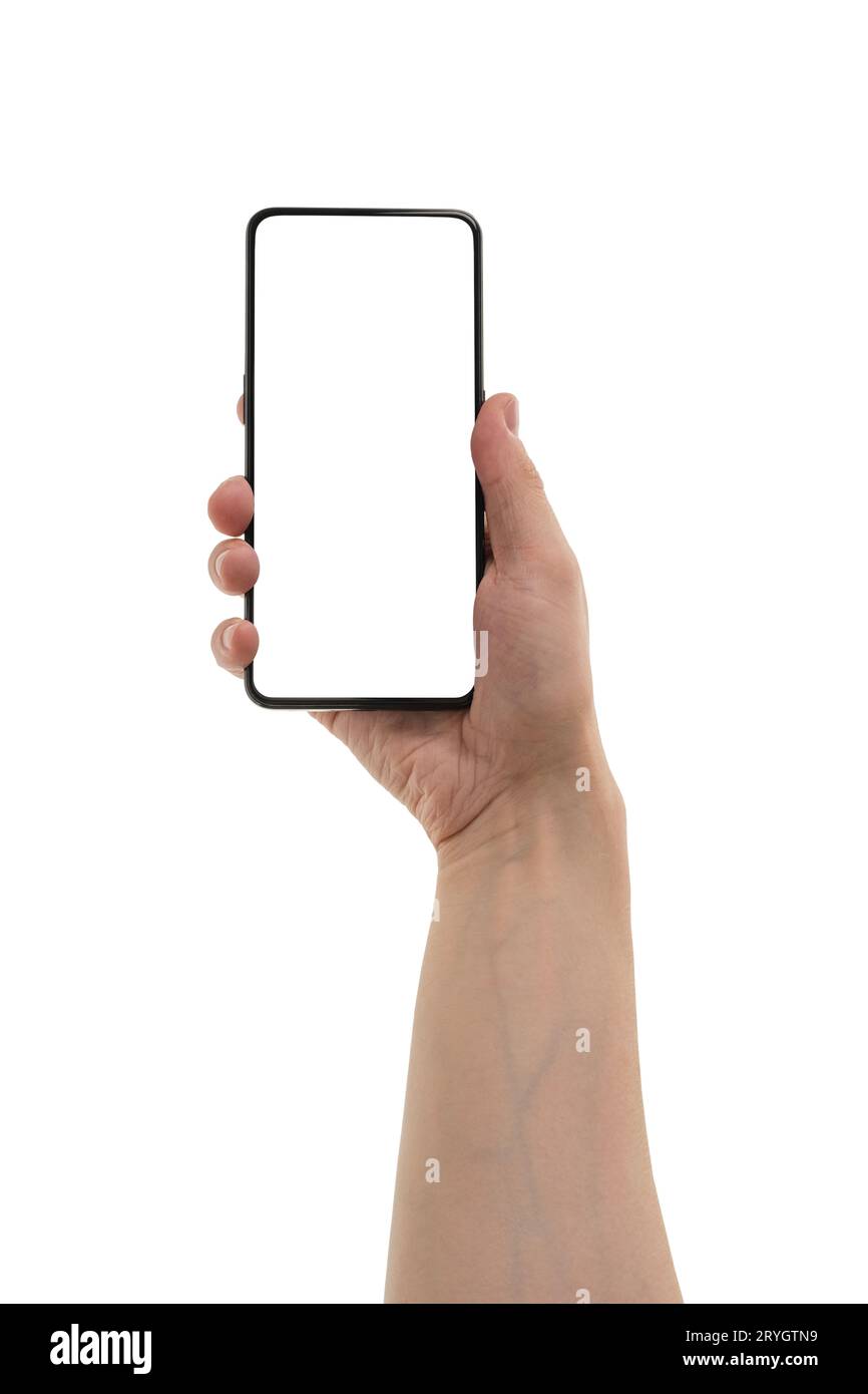 Young adult man hand hold generic smartphone with white screen isolated ...