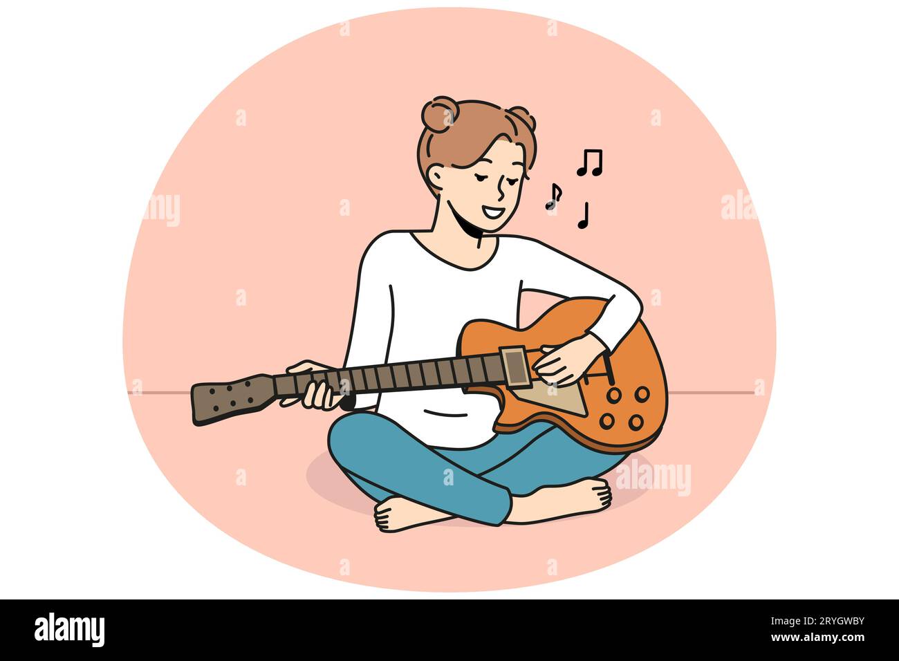 Smiling girl sit on floor playing guitar. Happy female enjoy musical ...