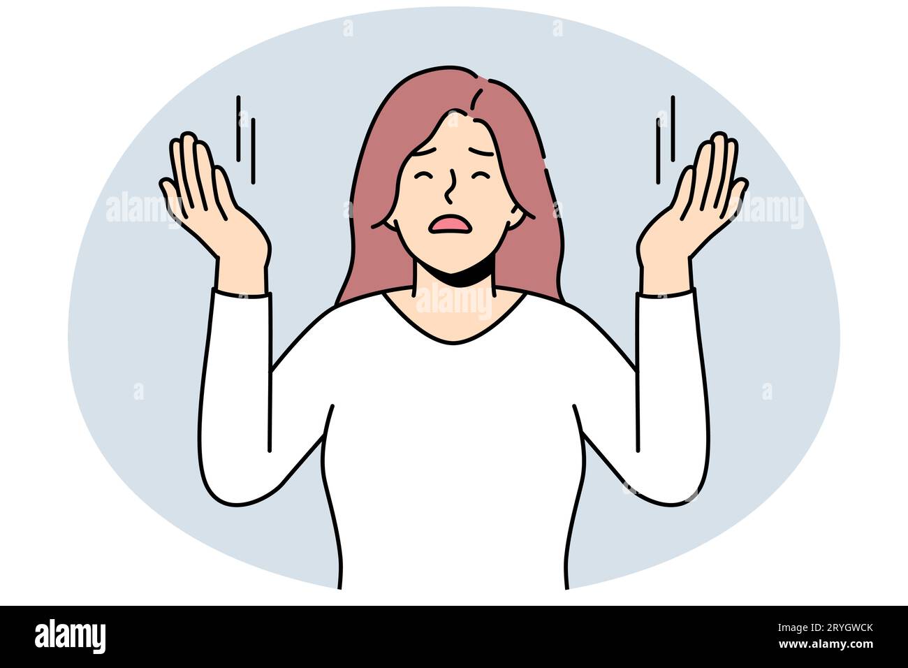 Young woman with hands raised up praying. Religious spiritual female ...